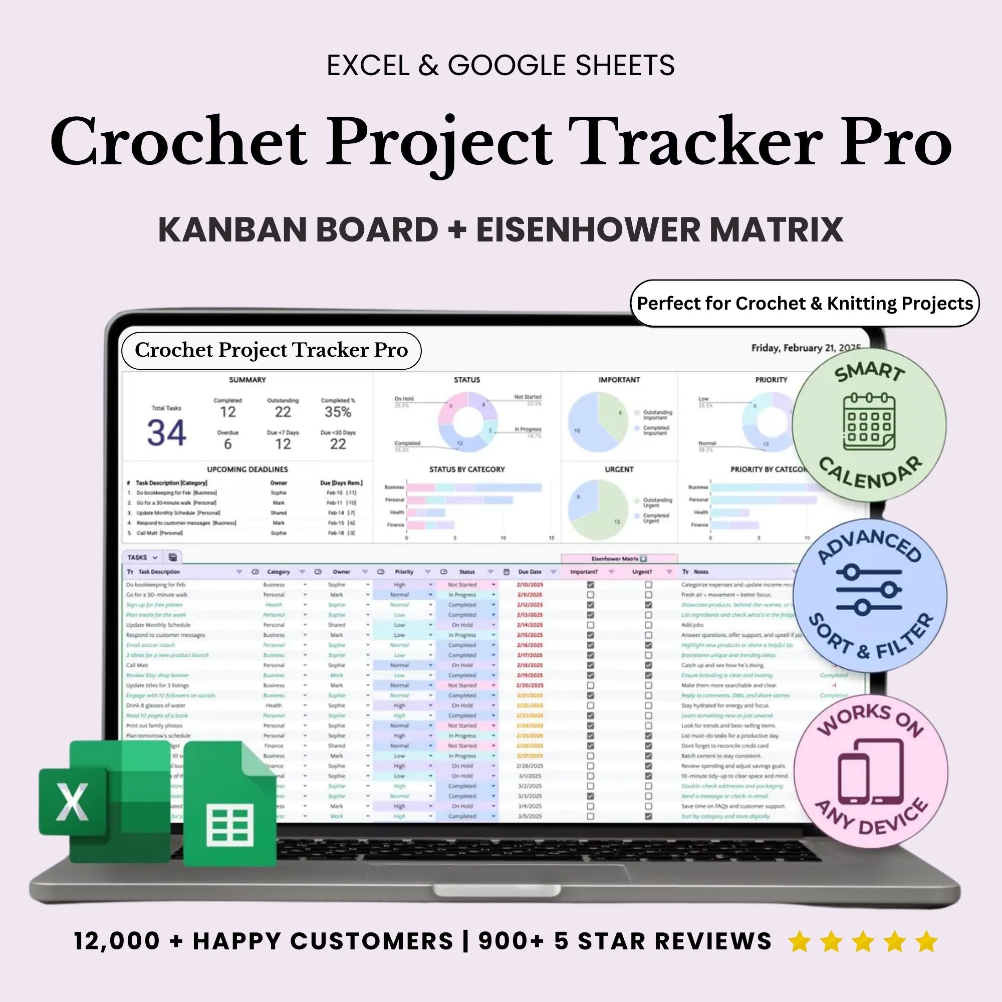 Crochet Project Tracker Pro, Excel Spreadsheet Task Priority Tracker ...